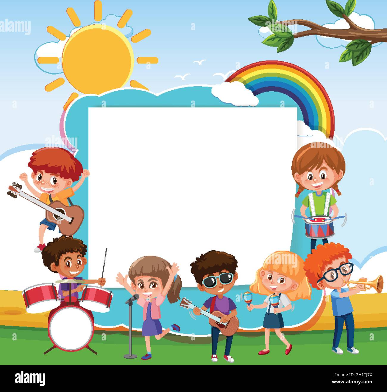 Empty board with kids playing different musical instruments ...