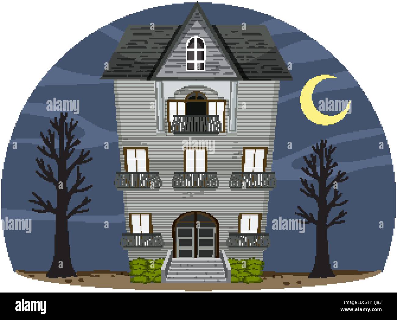 Isolated haunted mansion facade at night illustration Stock Vector ...