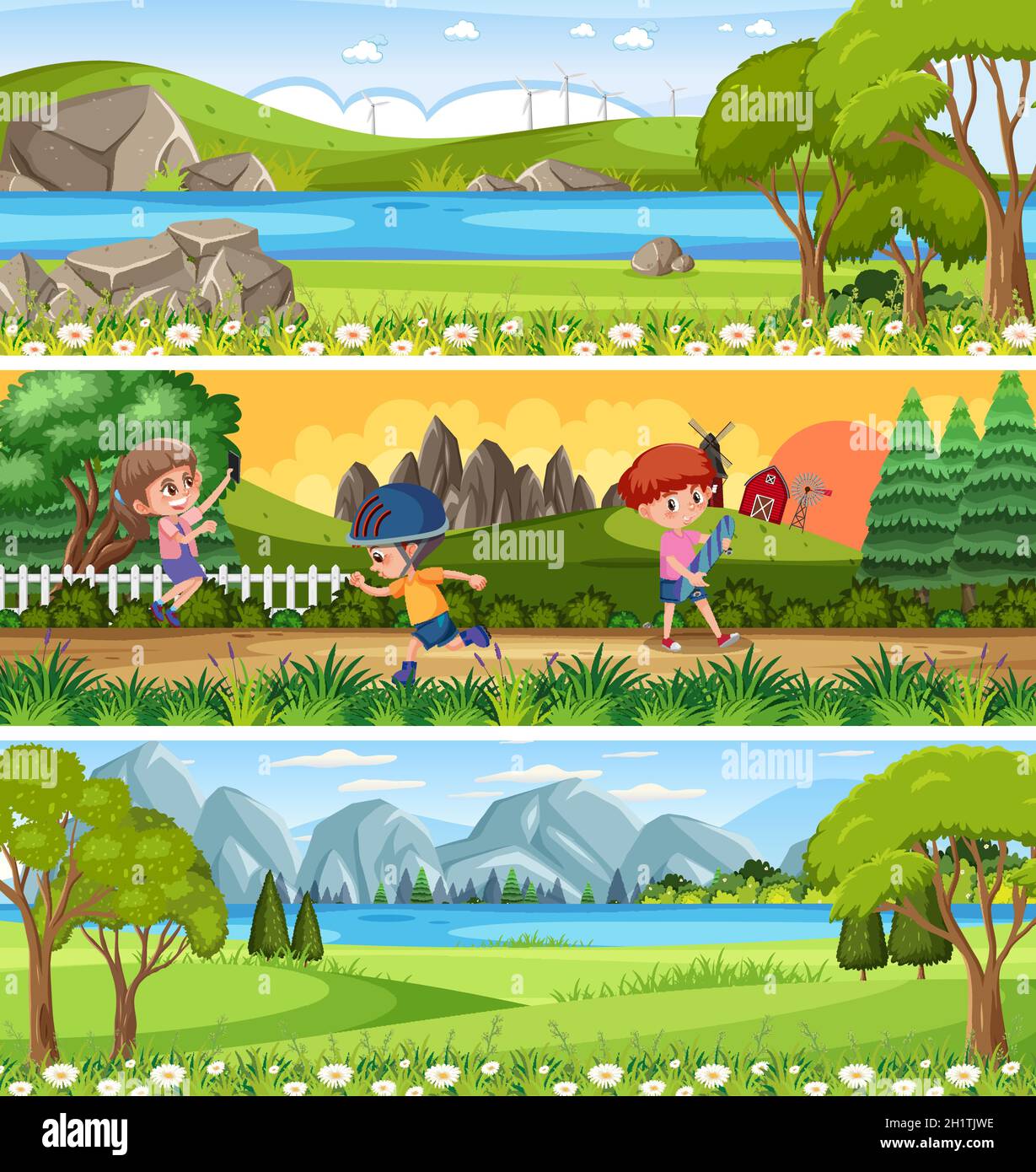 Different panoramic nature landscape set with cartoon character ...