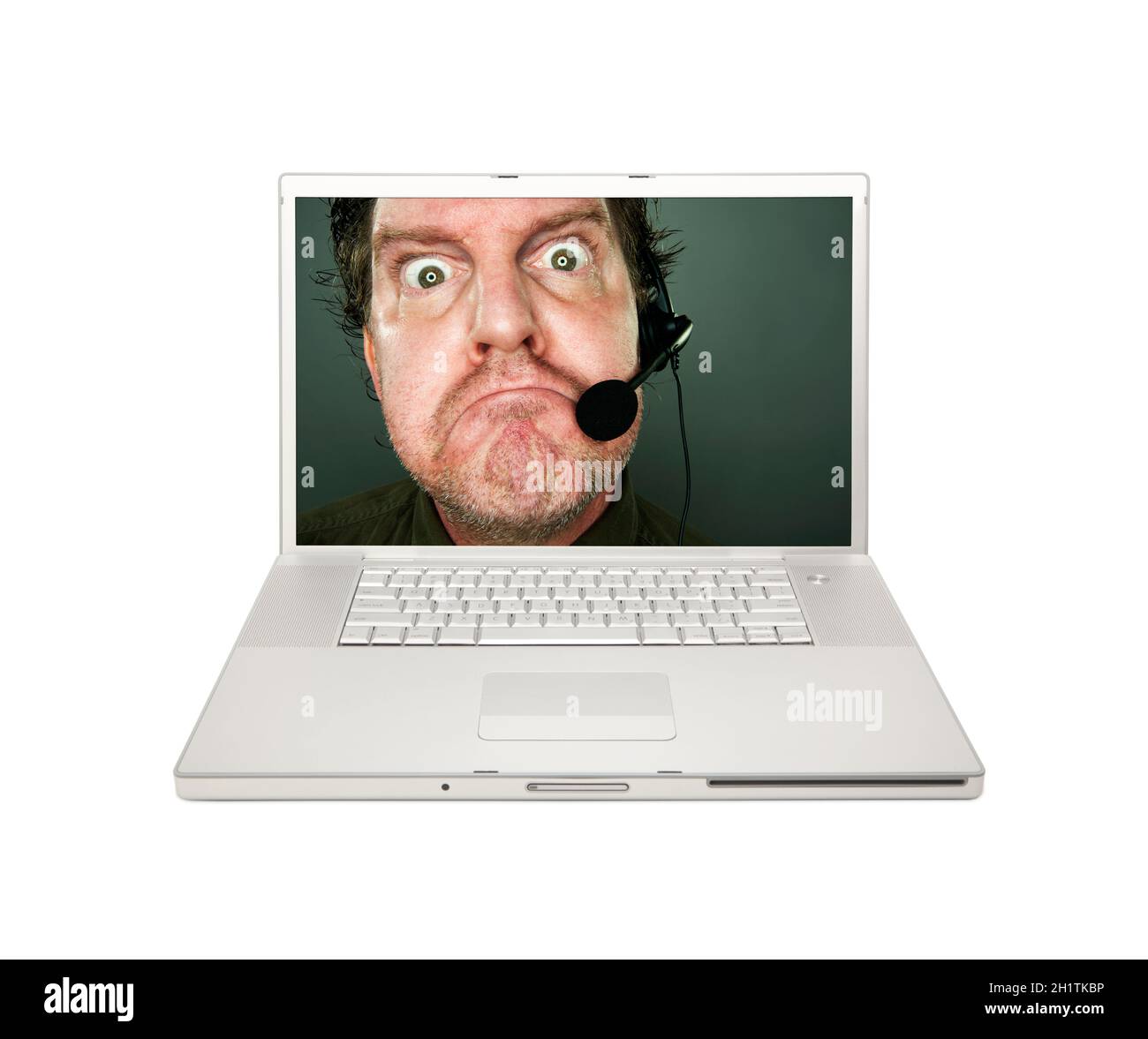 Grumpy Customer Service Man on Laptop Screen Isolated on a White ...