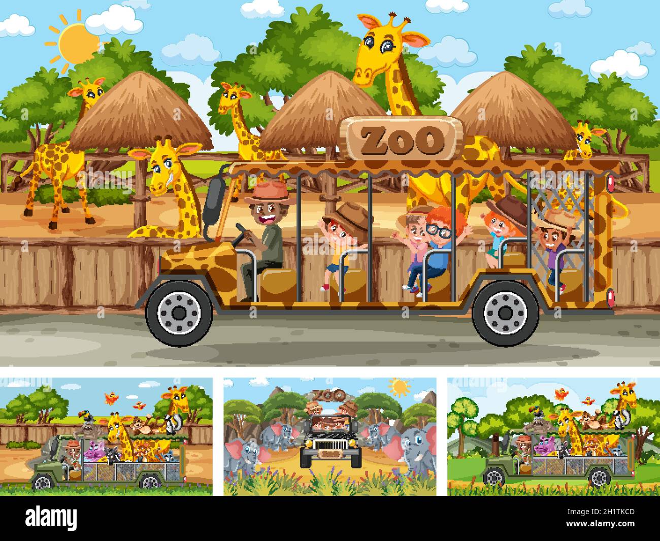 Four different zoo scenes with kids and animals illustration Stock ...