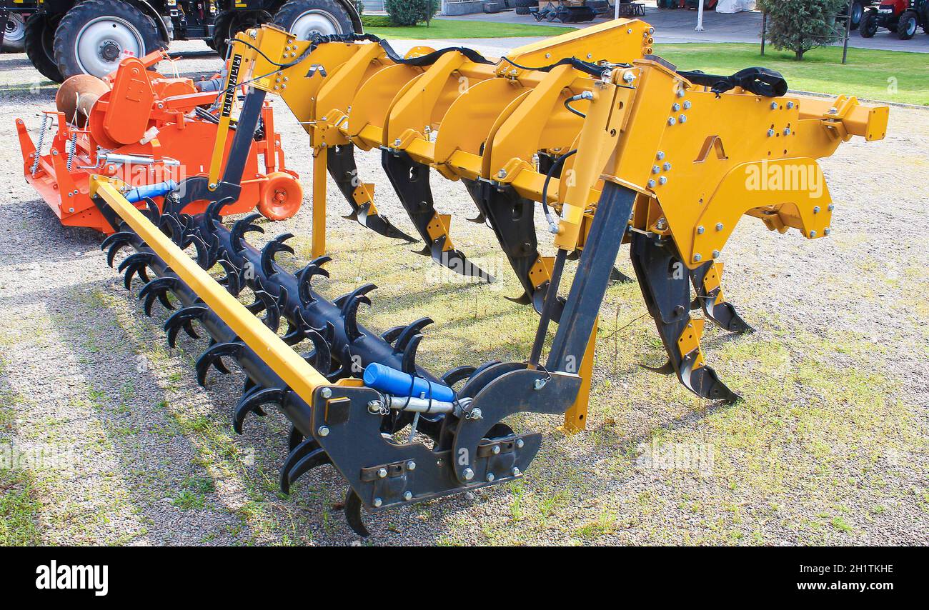 The colorful agricultural equipment - harrows and tines Stock Photo - Alamy