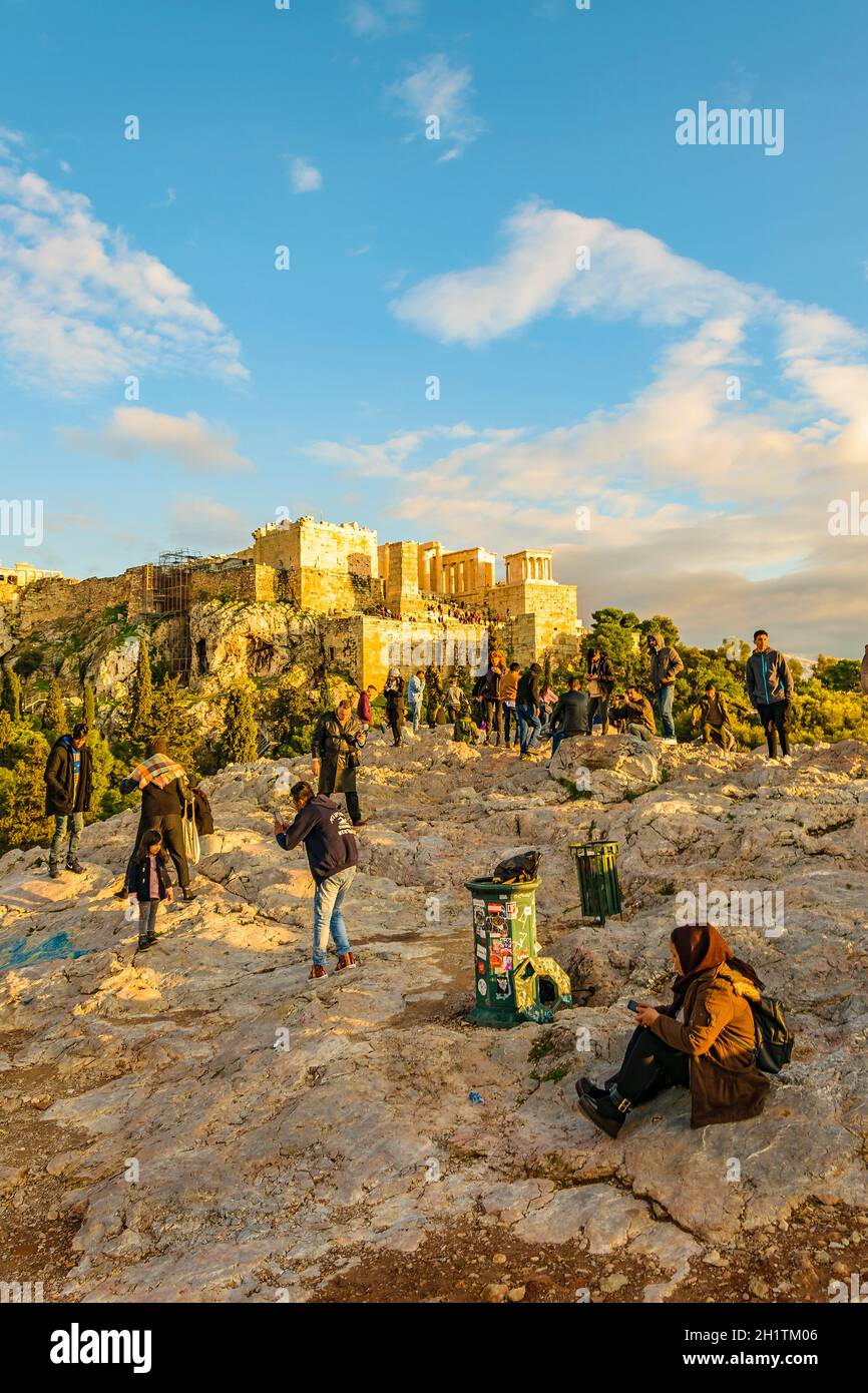 ATHENS, GREECE, DECEMBER - 2019 - Crowd at top of philopappos hill, a ...