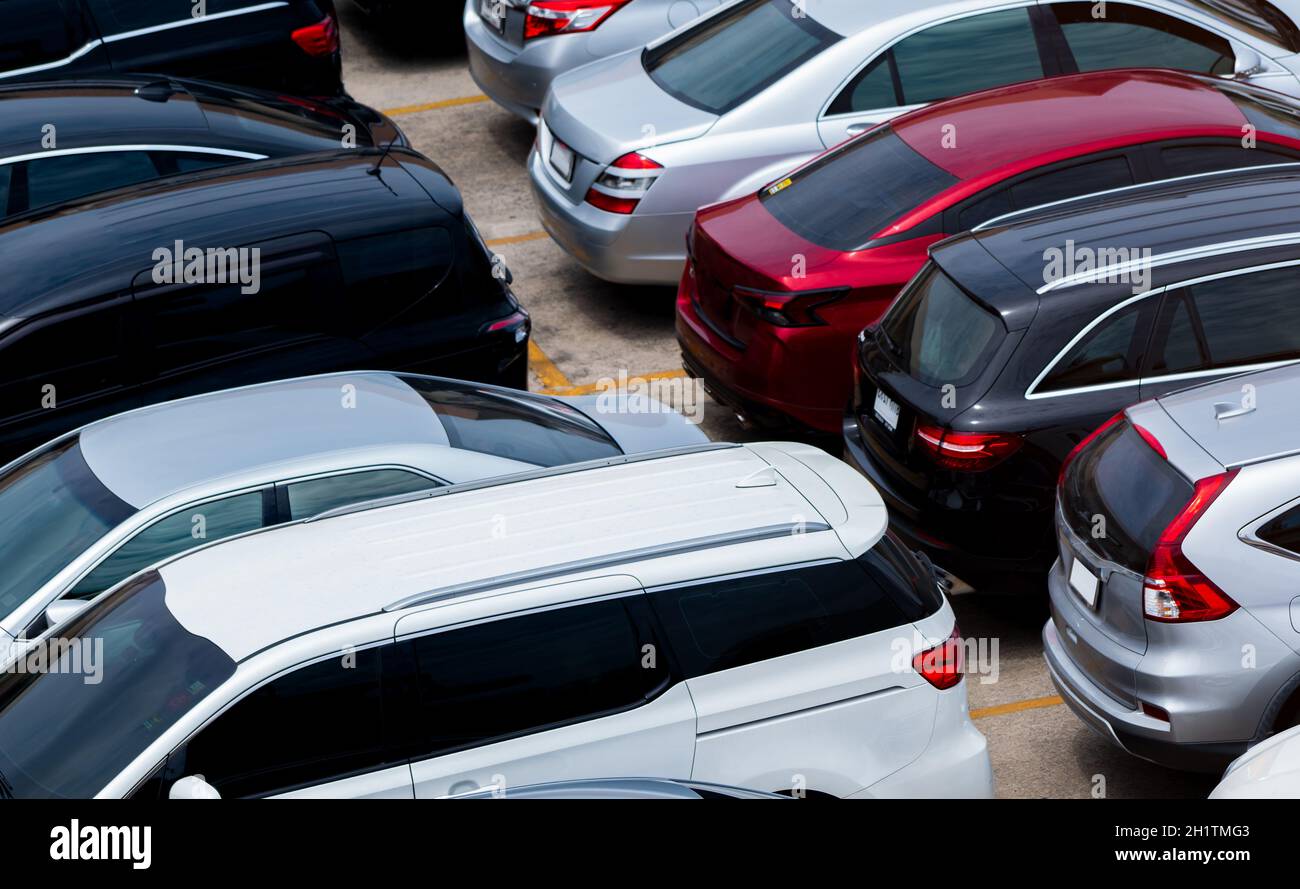 Car parked at parking lot of the airport for rental. Aerial view of car ...