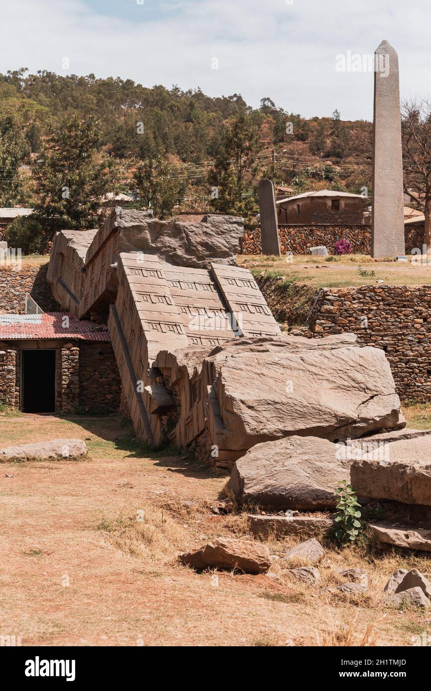 Aksumite civilization ruins, Ancient monolith stone obelisks behind ...