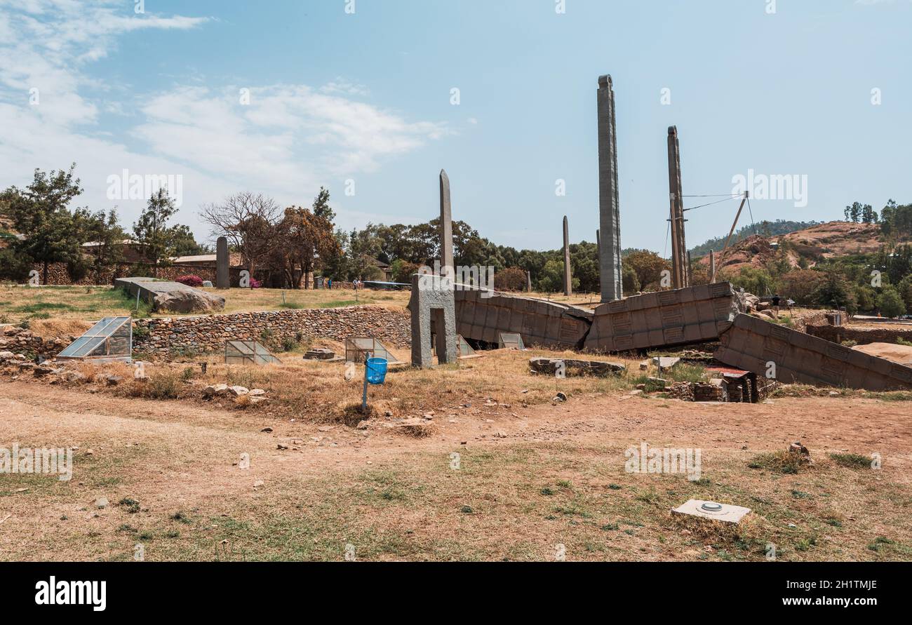 Aksumite civilization ruins, Ancient monolith stone obelisks behind ...