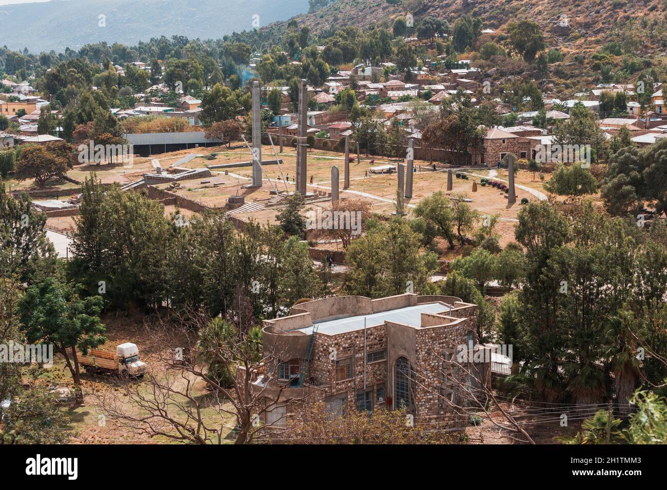 Aksumite civilization ruins, Ancient monolith stone obelisks behind ...