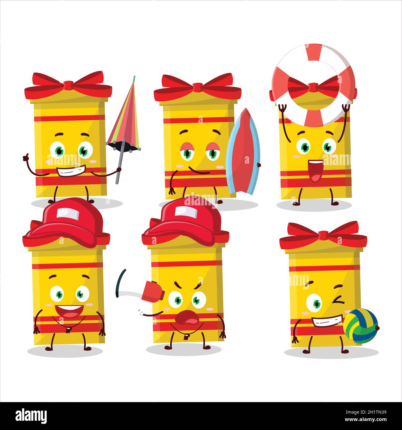 Happy Face yellow long gift box cartoon character playing on a beach ...