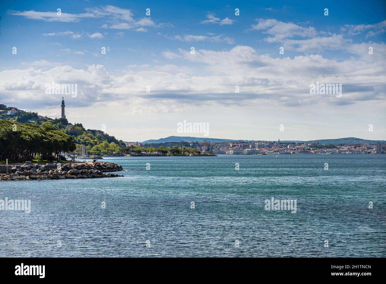 Panoramic view of the Gulf of Trieste and the Victory Lighthouse Stock ...