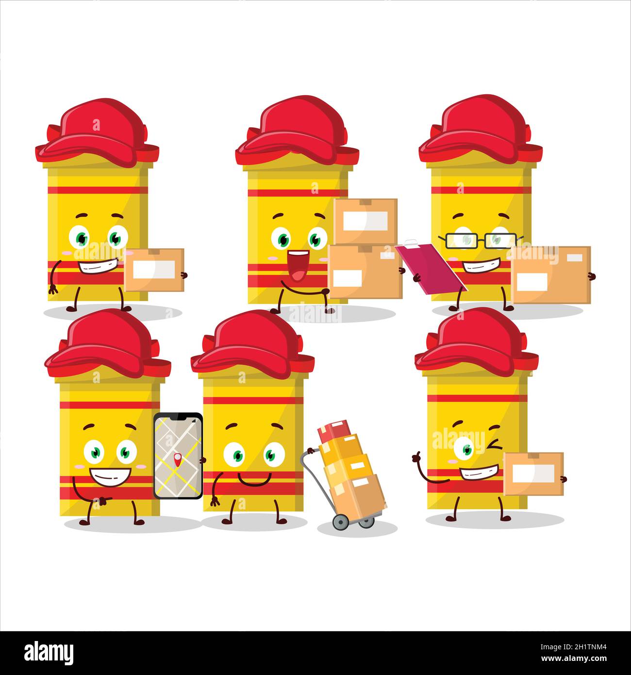 Cartoon character design of yellow long gift box working as a courier ...