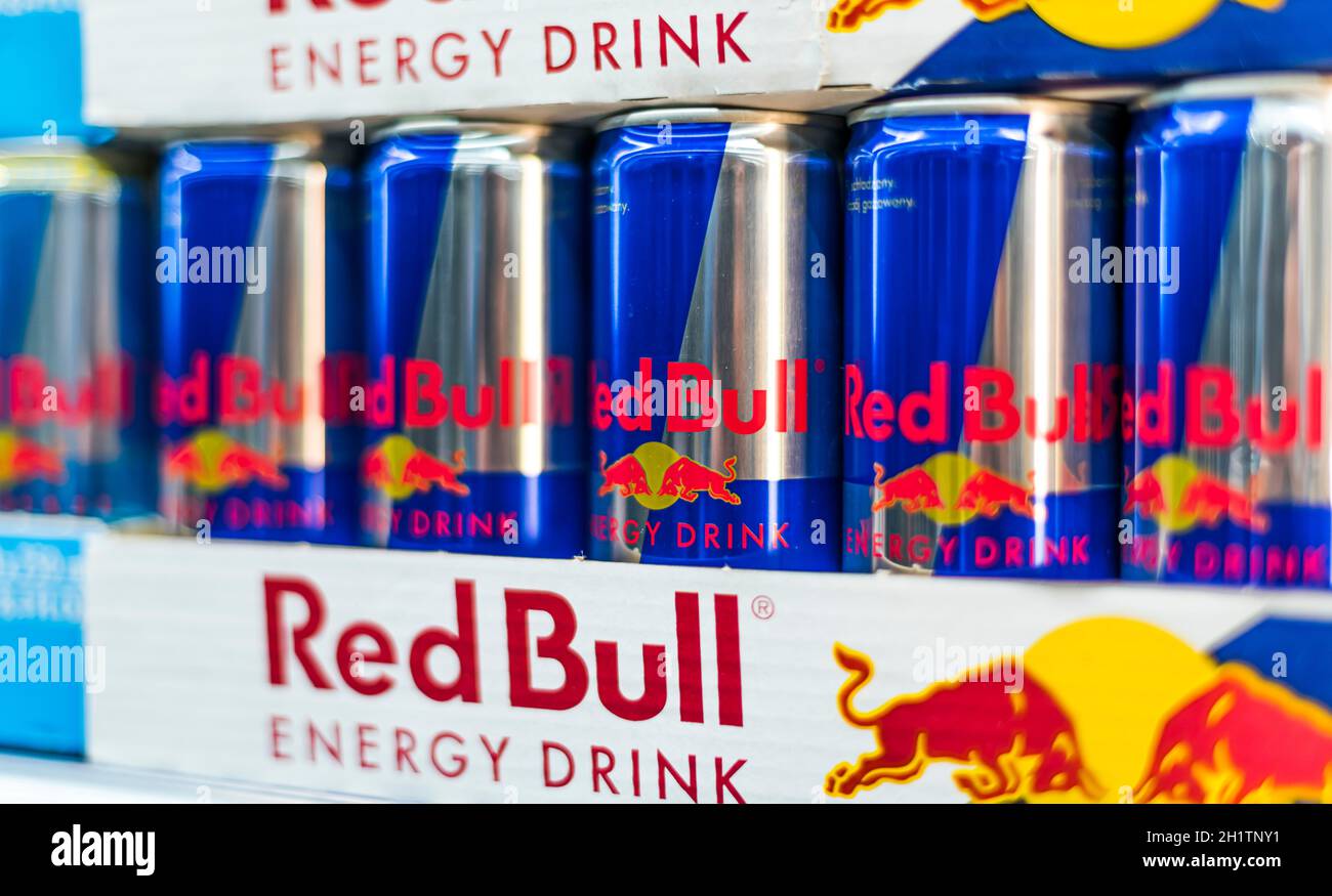 POZNAN, POL - APR 13, 2021: Red Bull energy drink cans put up for sale ...