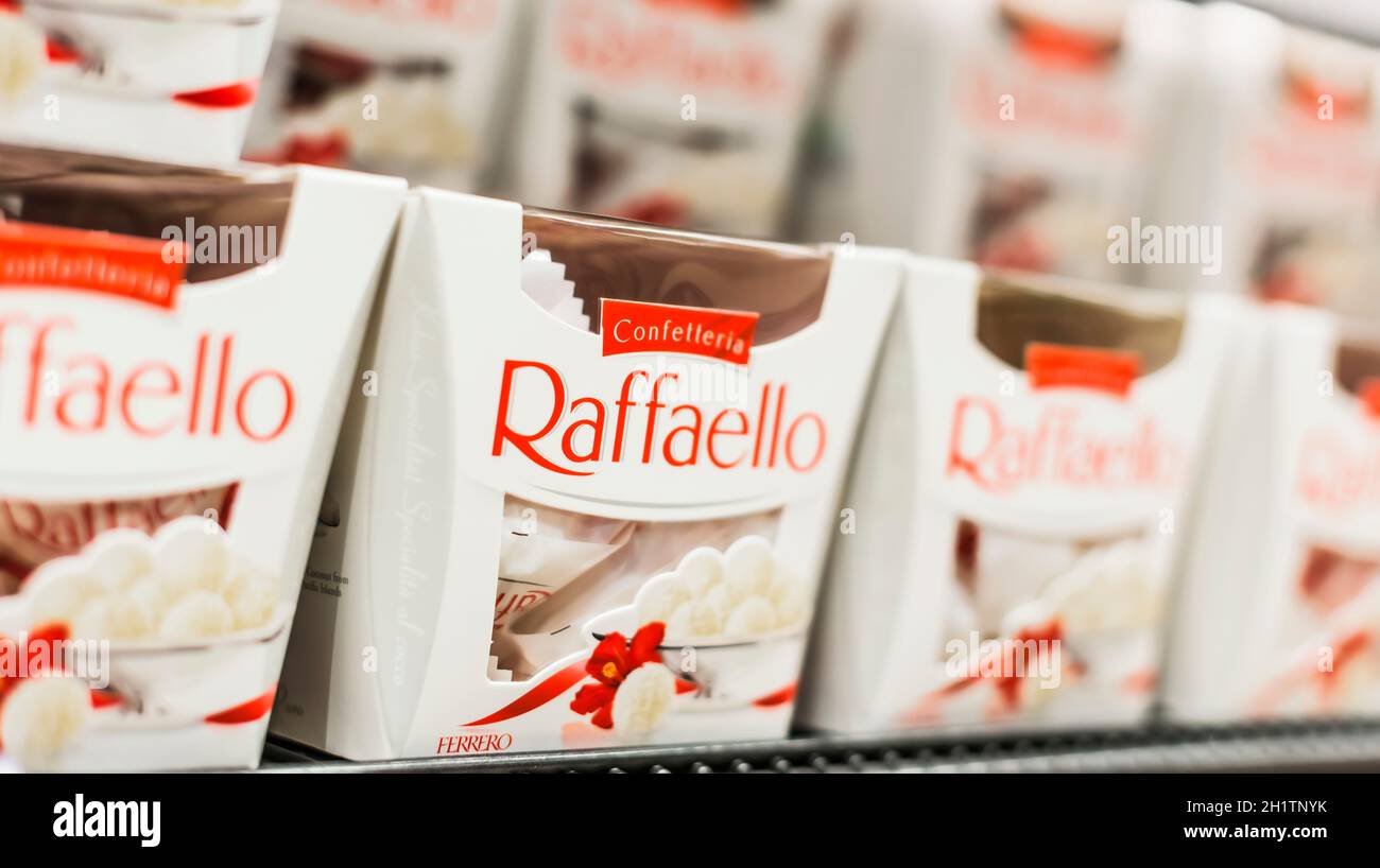 POZNAN, POL - APR 13, 2021: Boxes of Raffaello, a brand of coconut ...