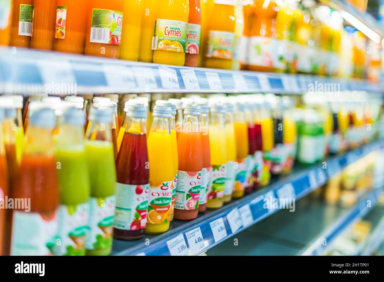 POZNAN, POL - APR 13, 2021: Variety of cold drink products put up for ...