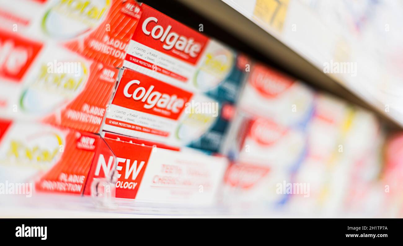 POZNAN, POLAND - APR 28, 2021: Colgate toothpastes put up for sale in a ...