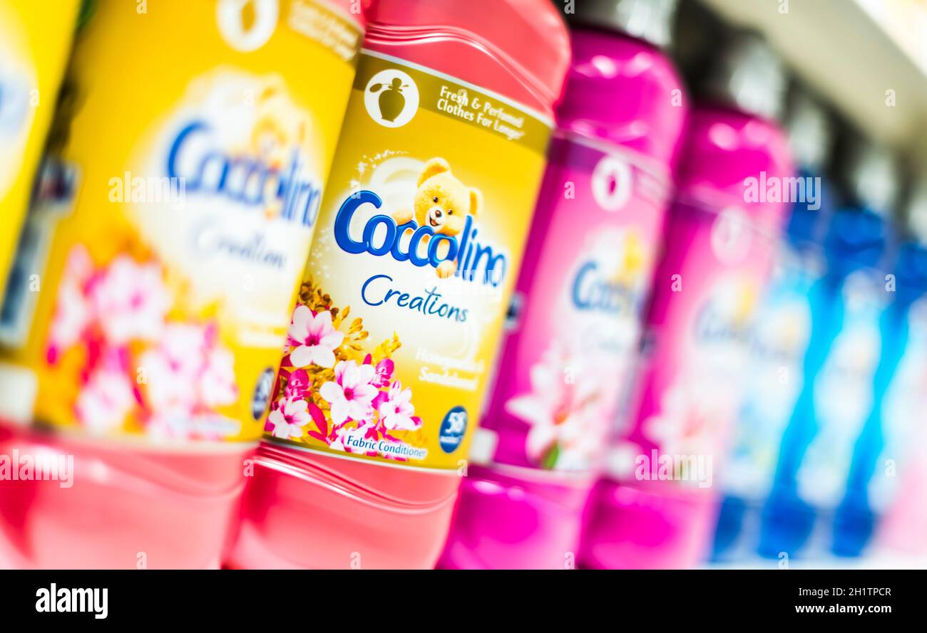 POZNAN, POLAND - APR 28, 2021: Bottles of liquid Coccolino fabric ...