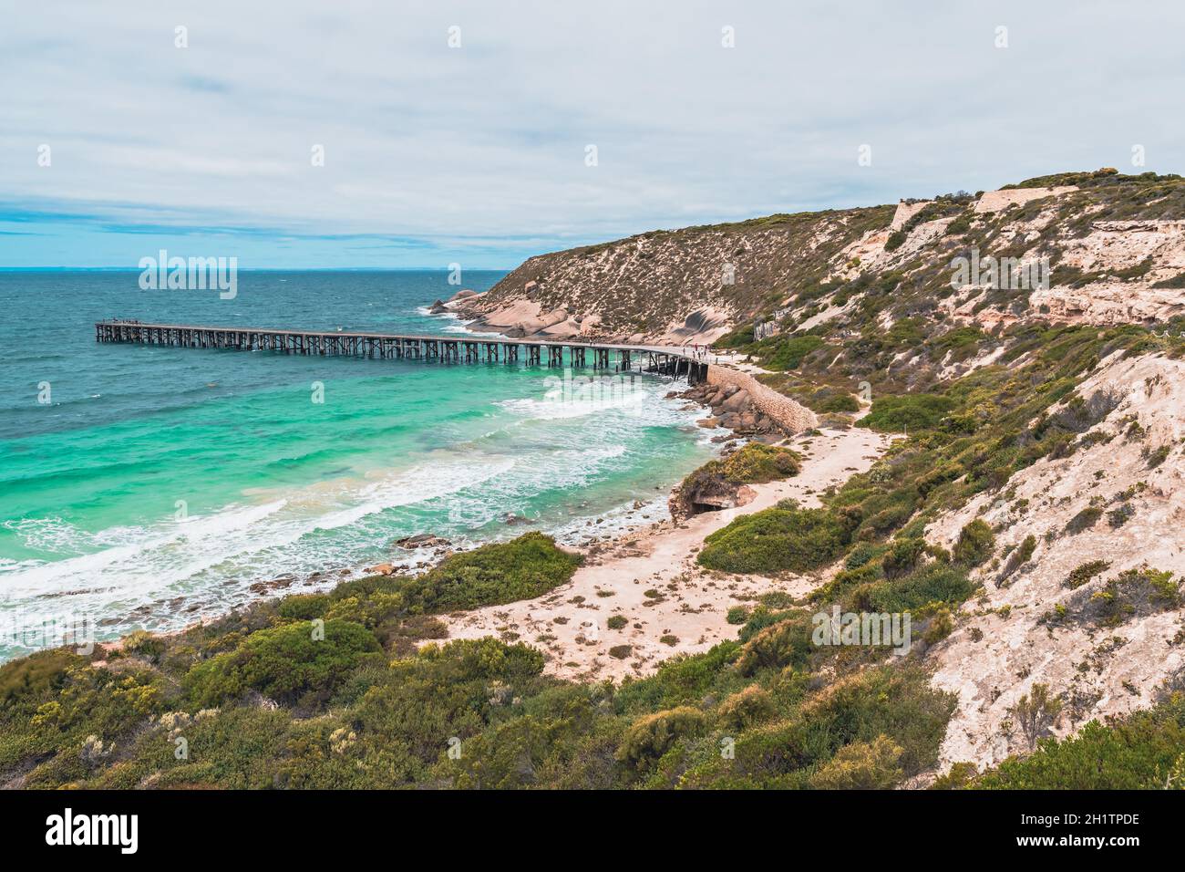 Stenhouse Bay Jetty with people viewed from the lookout at Inneston ...