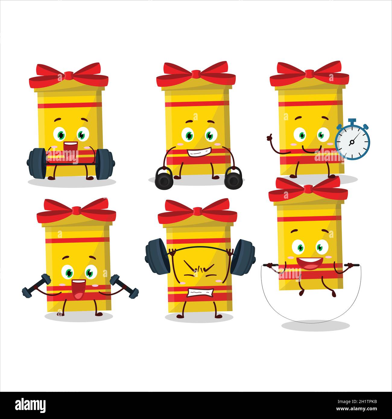 A healthy yellow long gift box cartoon style trying some tools on ...