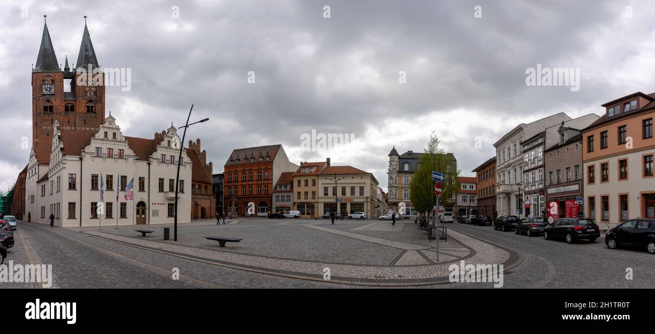 STENDAL, GERMANY - APRIL 24, 2021: Panoramic view of an old town square ...