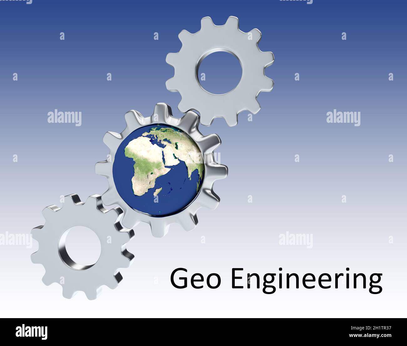 3D illustration of three gears with the earth contained in one of them ...