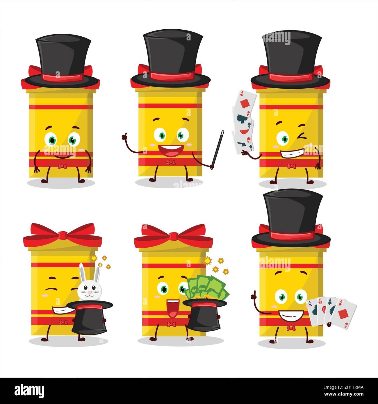 A yellow long gift box Magician cartoon character perform on a stage ...