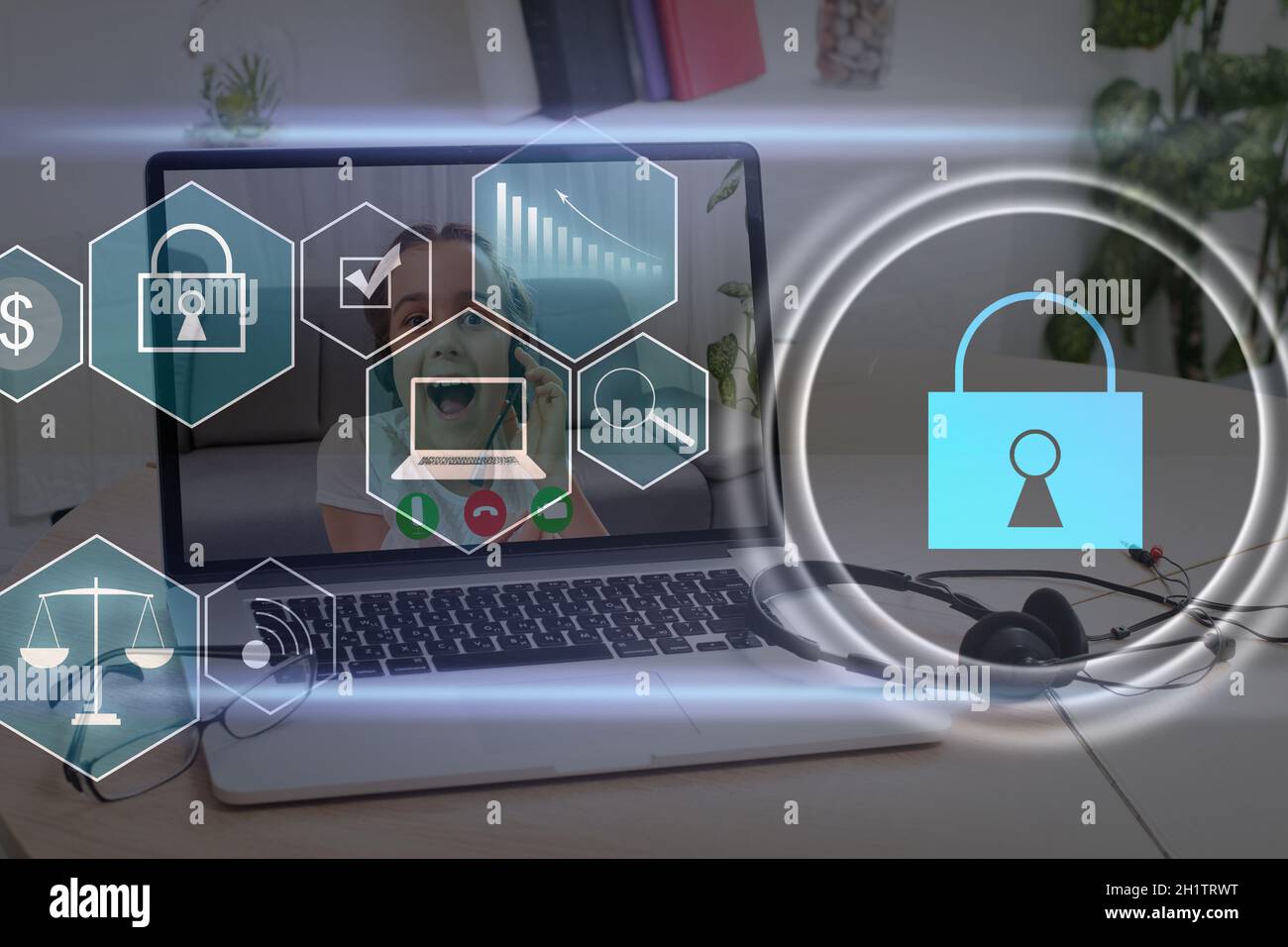Digital cybersecurity and network protection concept. Virtual locking ...