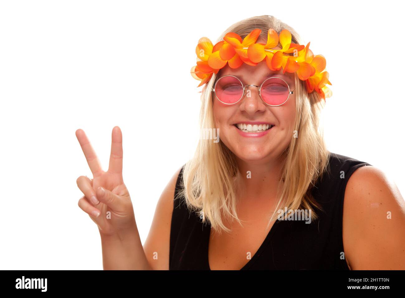 Beautiful Smiling Hippie Girl with Peace Sign Isolated on a White ...