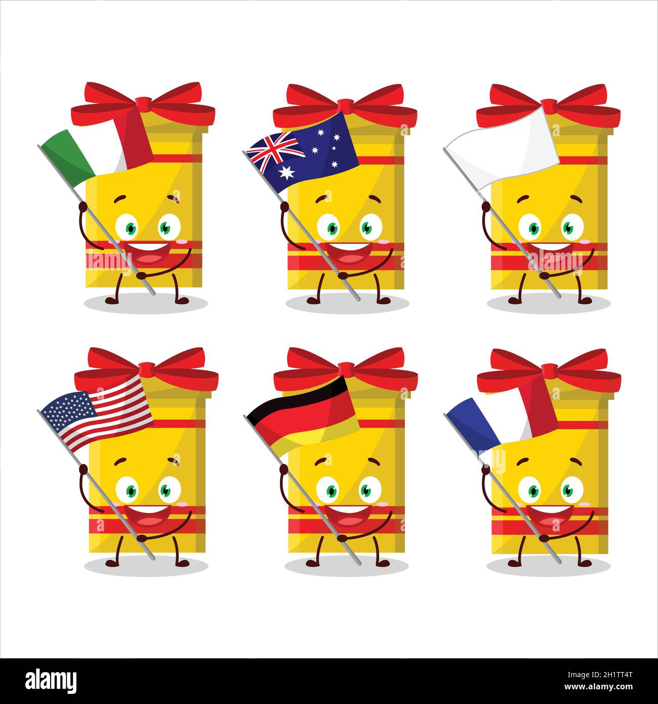 Yellow long gift box cartoon character bring the flags of various ...