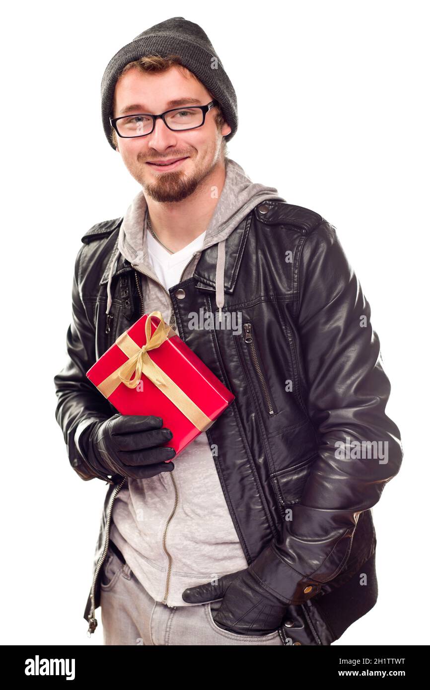 Warmly Dressed Handsome Young Man Holding Wrapped Gift Isolated on a ...