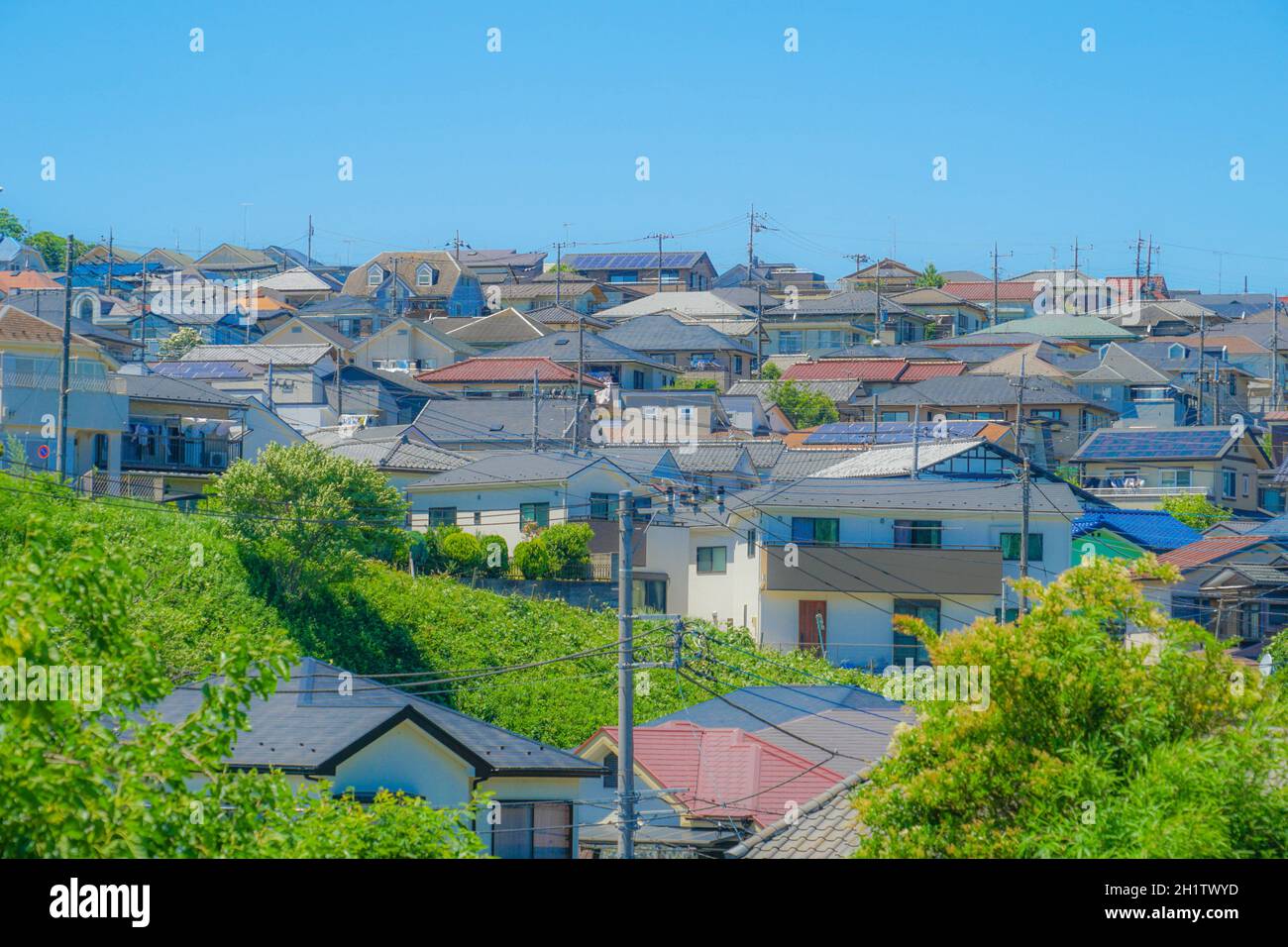 Hino City skyline and the blue sky. Shooting Location: Hino City, Tokyo ...