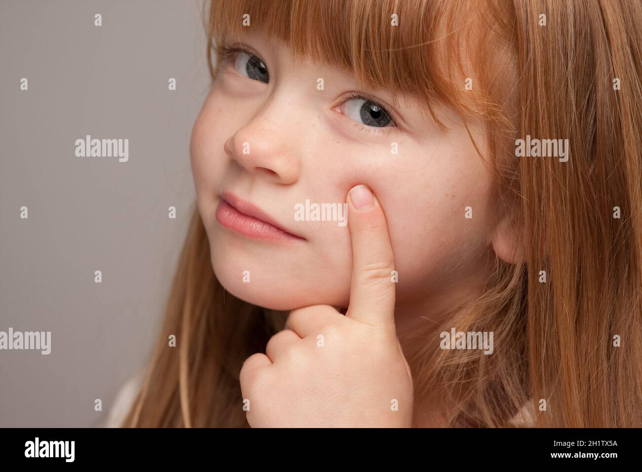 Portrait of an Adorable Red Haired Girl on a Grey Background Stock ...