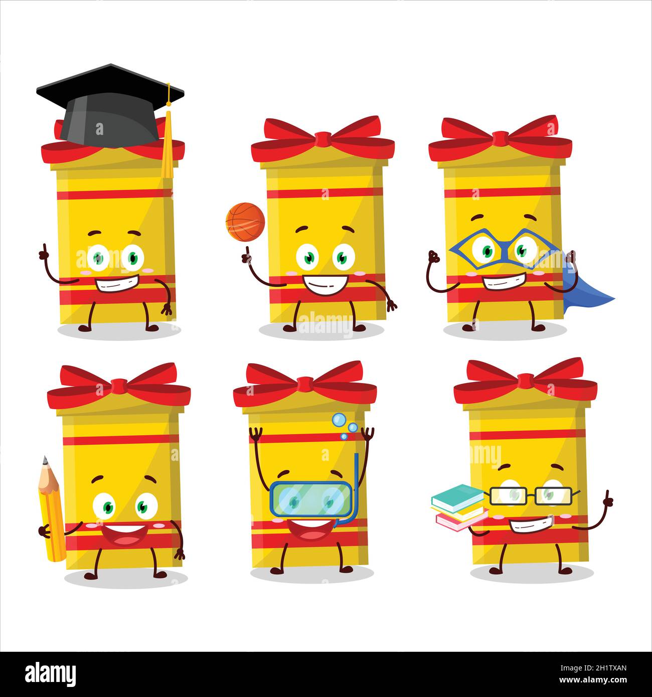 School student of yellow long gift box cartoon character with various ...