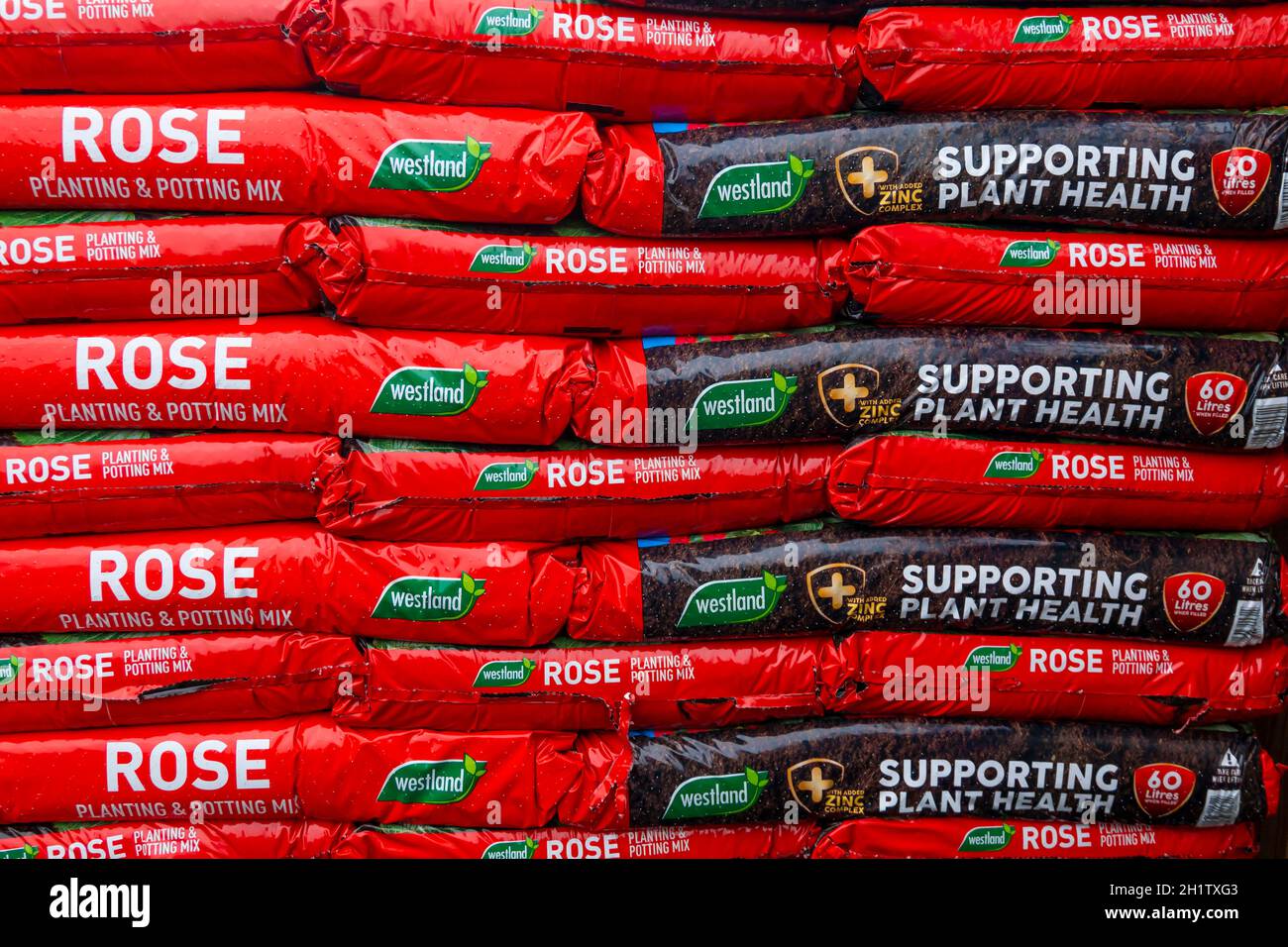 A stack of Westland Rose Planting and Potting mix Compost in a garden ...