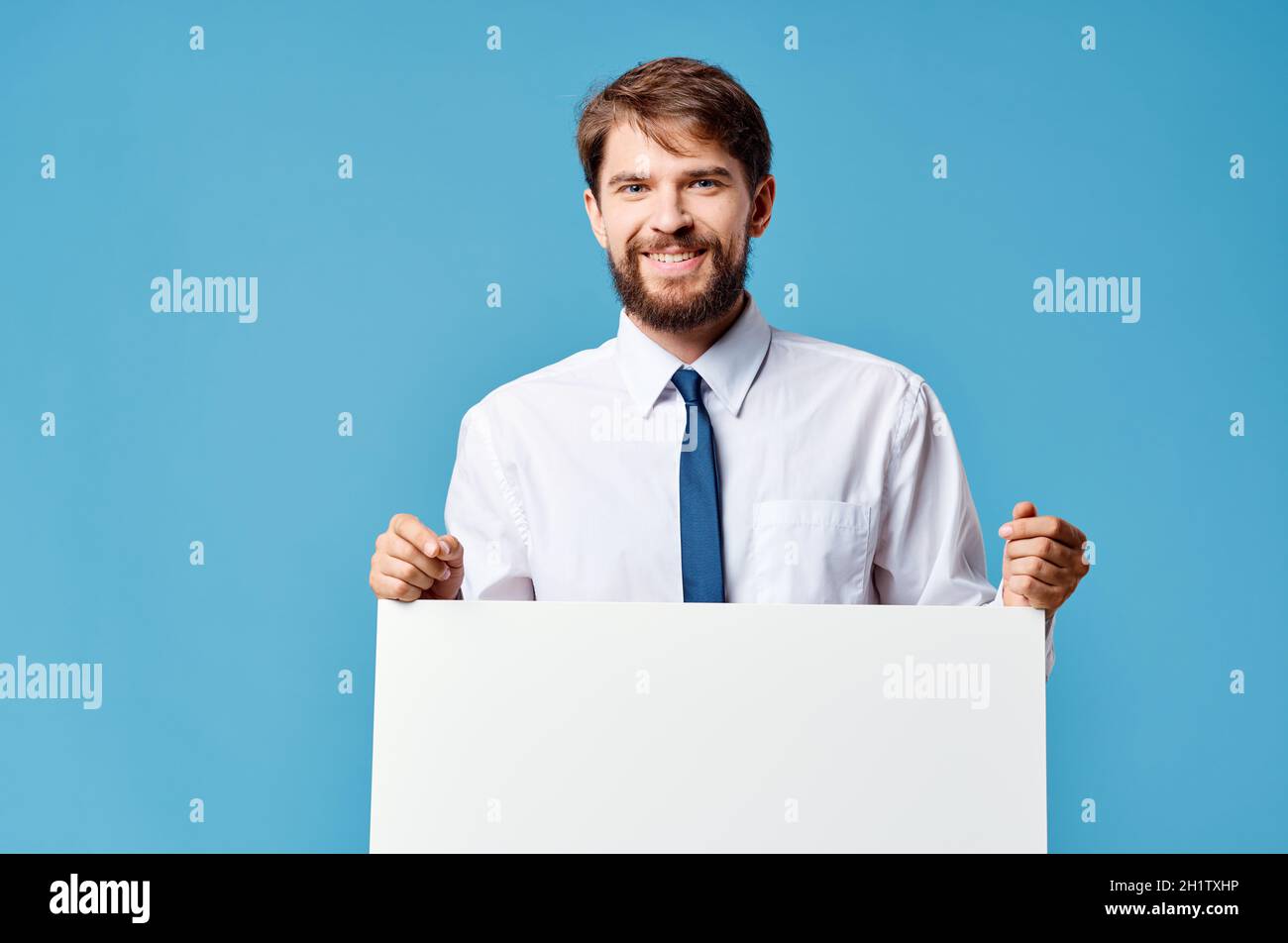 emotional man advertising white banner presentation isolated background ...