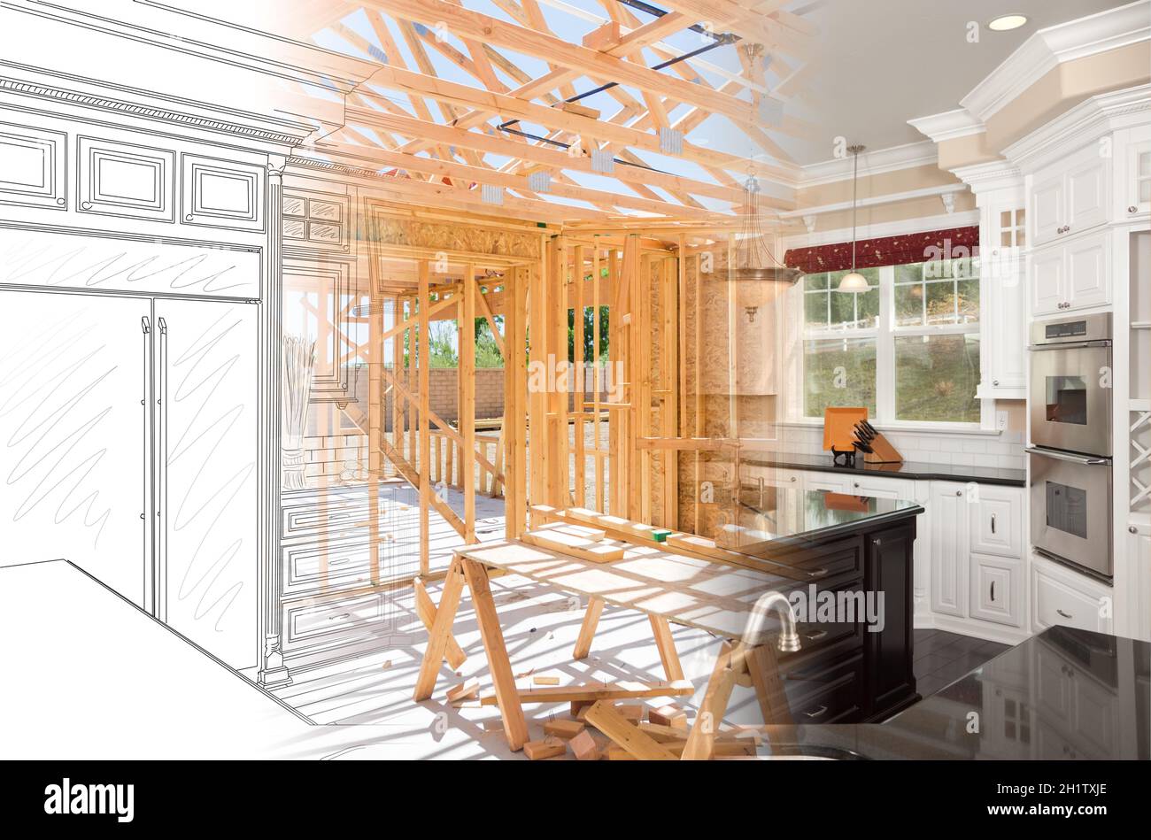 Kitchen Blueprint Drawing Gradating Into House Construction Framing ...