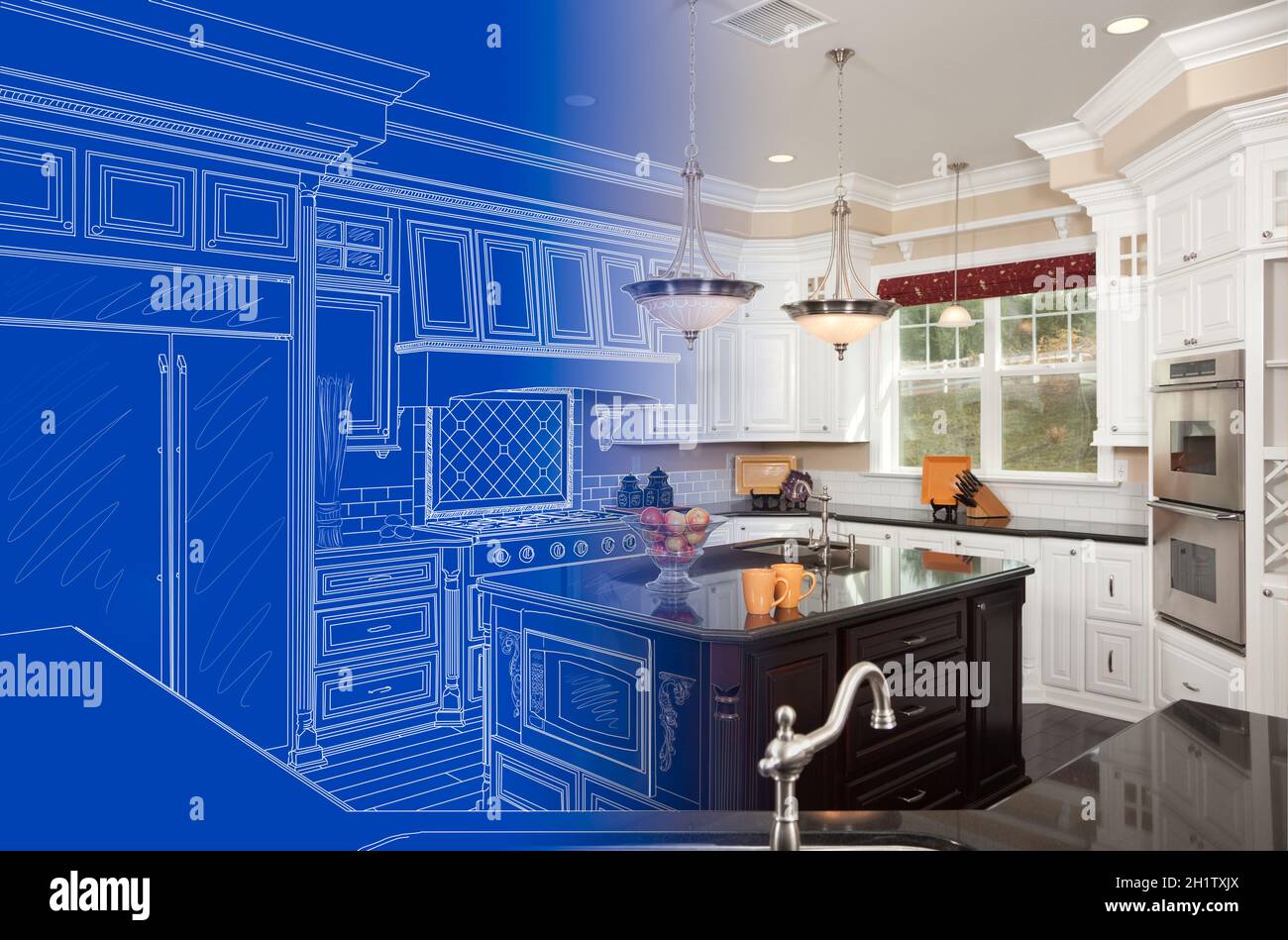 Kitchen Blueprint Drawing Gradating Into Finished Build Stock Photo - Alamy