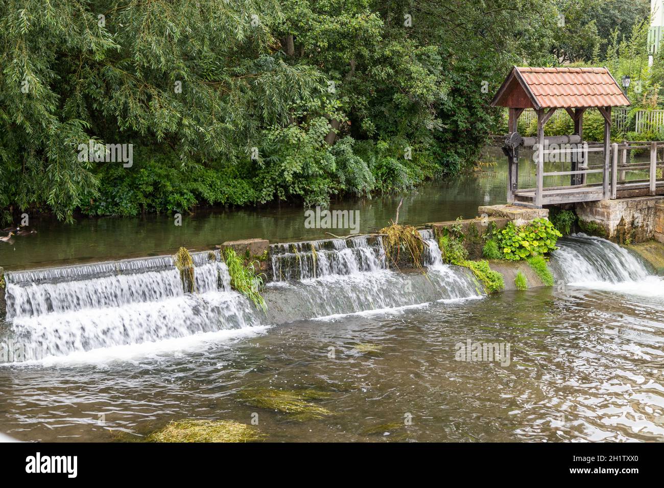 Weir with waterfall on the river Gera in Erfurt, Thuringia Stock Photo ...