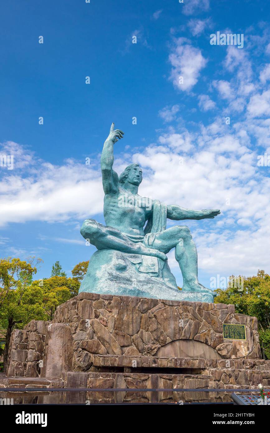 Peace Statue in Nagasaki Peace Park in Japan with blue sky Stock Photo ...