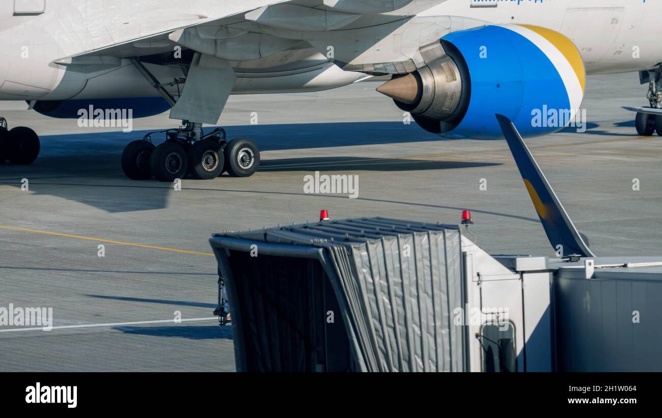 Big powerful chassis of modern airplane on the airport runway Stock ...