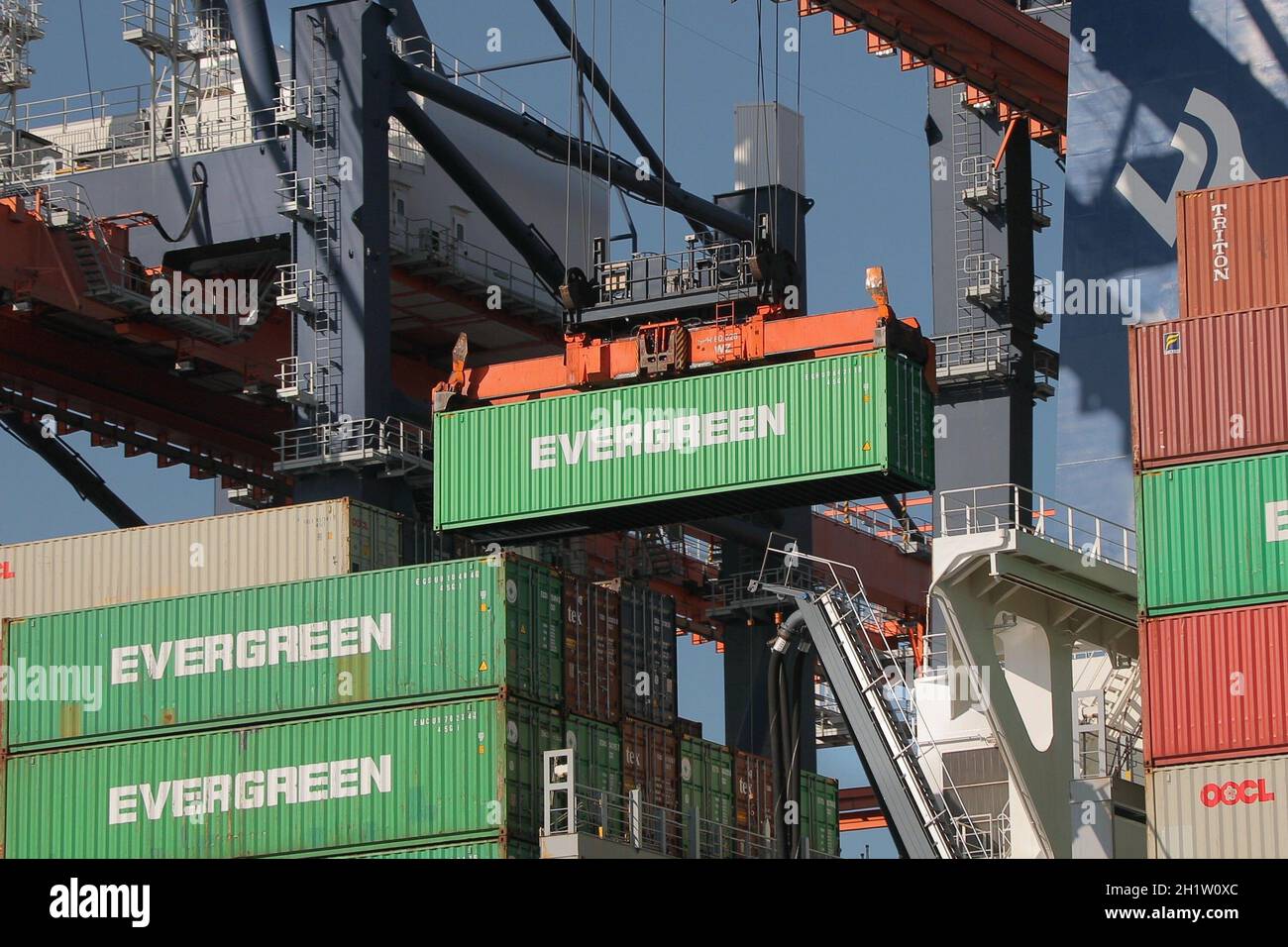 Rotterdam, The Netherlands - Circa 2019: Containers being unloaded from ...