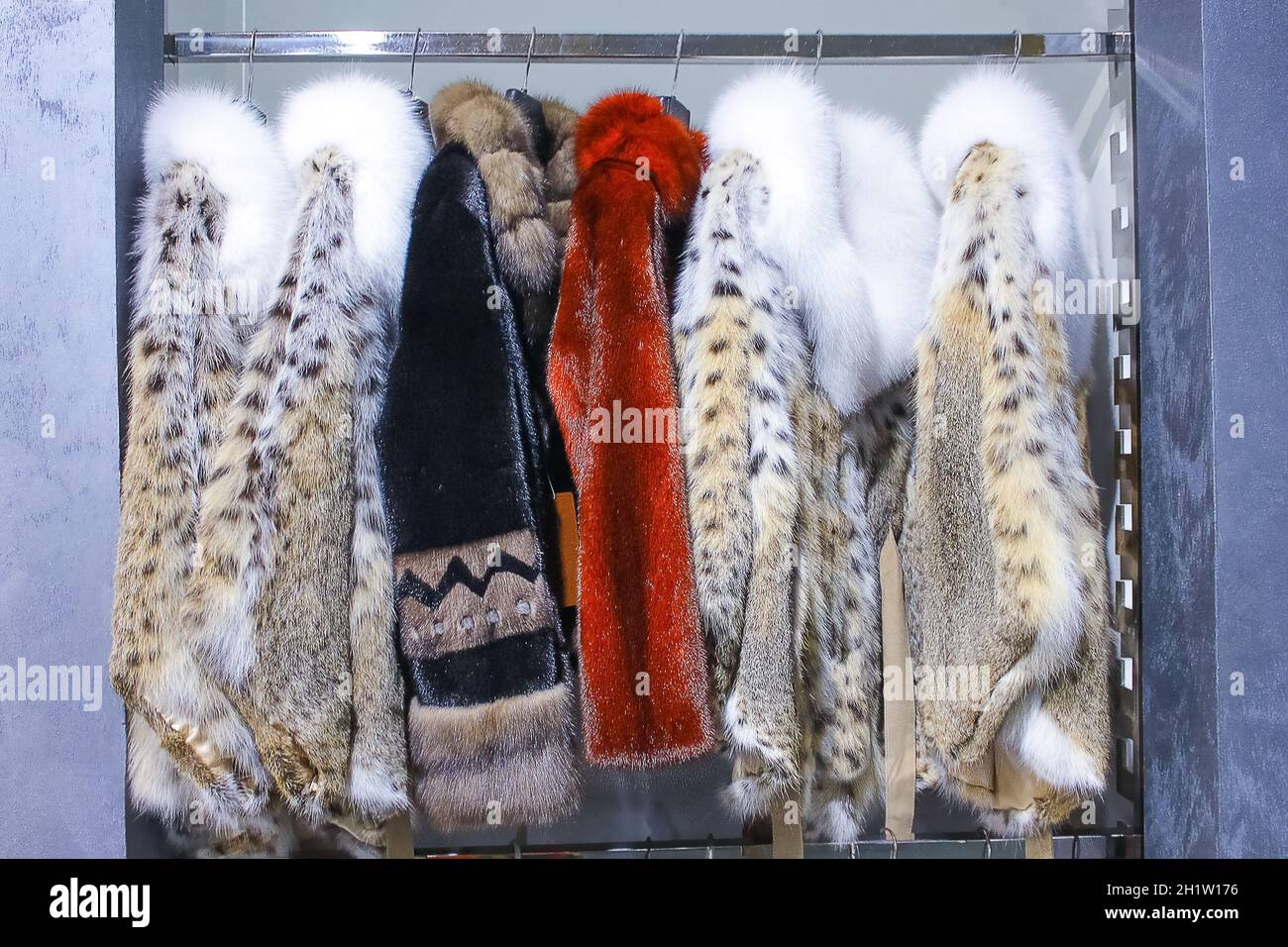 The womans many color winter fur clothes in fashion shop at Turkey ...