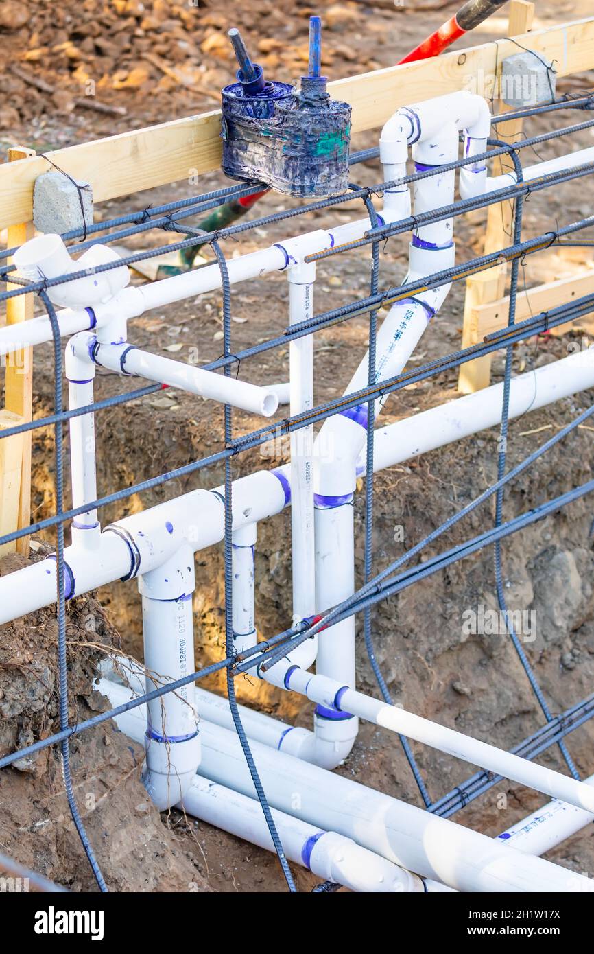 Newly Installed PVC Plumbing Pipes and Steel Rebar Configuration At ...