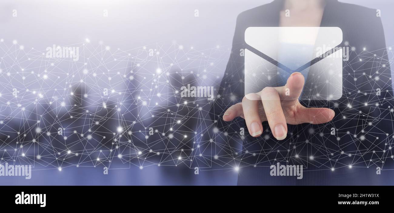 Email and sms marketing concept. Hand touch digital screen hologram ...