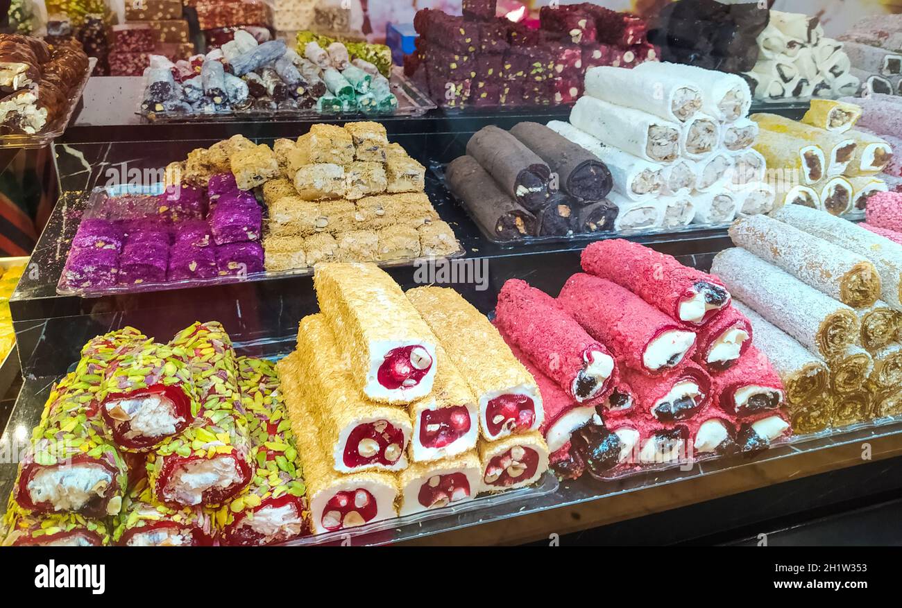 Variety of Turkish traditional lokum from Pomegranate juice. Middle ...