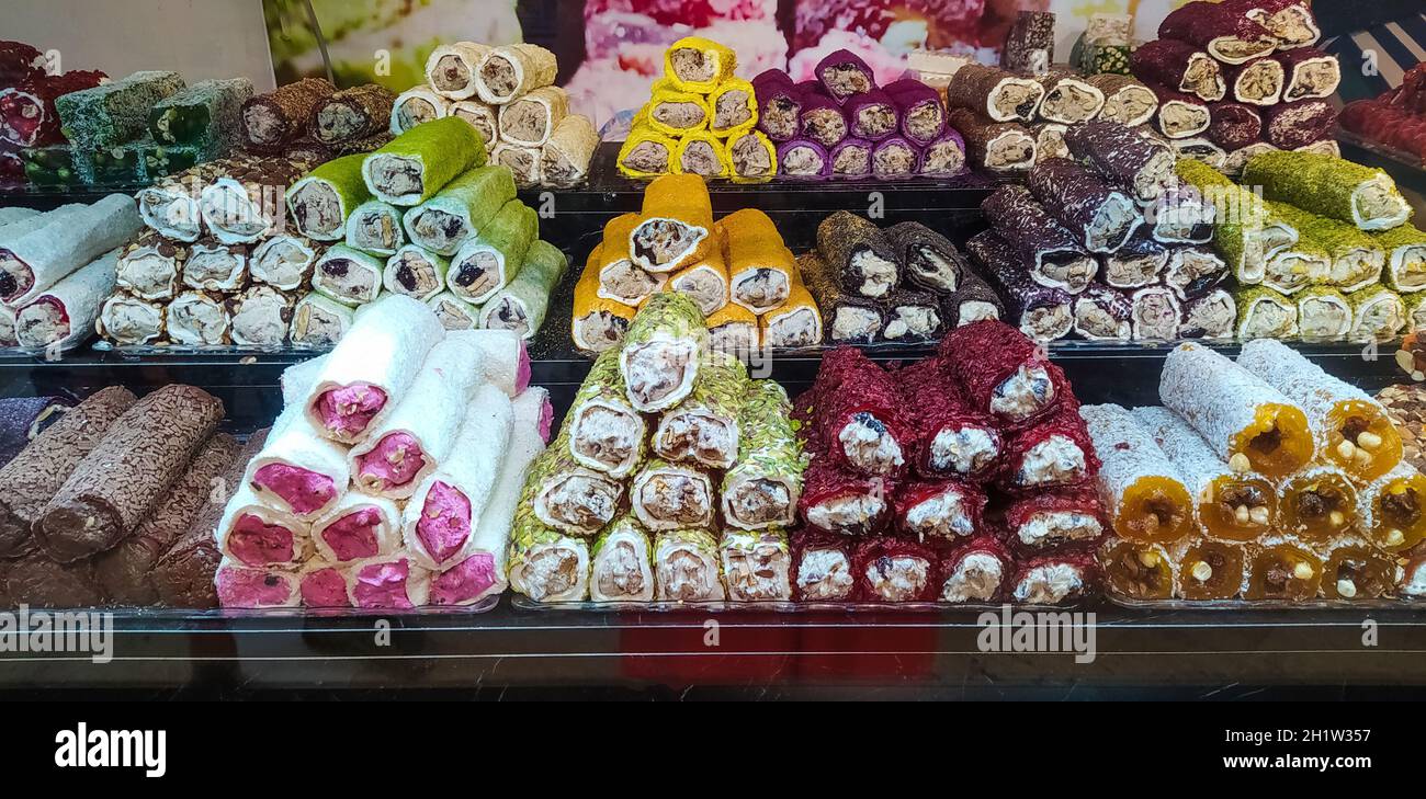 Variety of Turkish traditional lokum from Pomegranate juice. Middle ...
