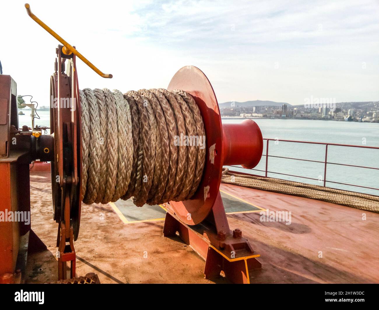 Mechanisms of tension control ropes. Winches. Equipment on the deck of ...