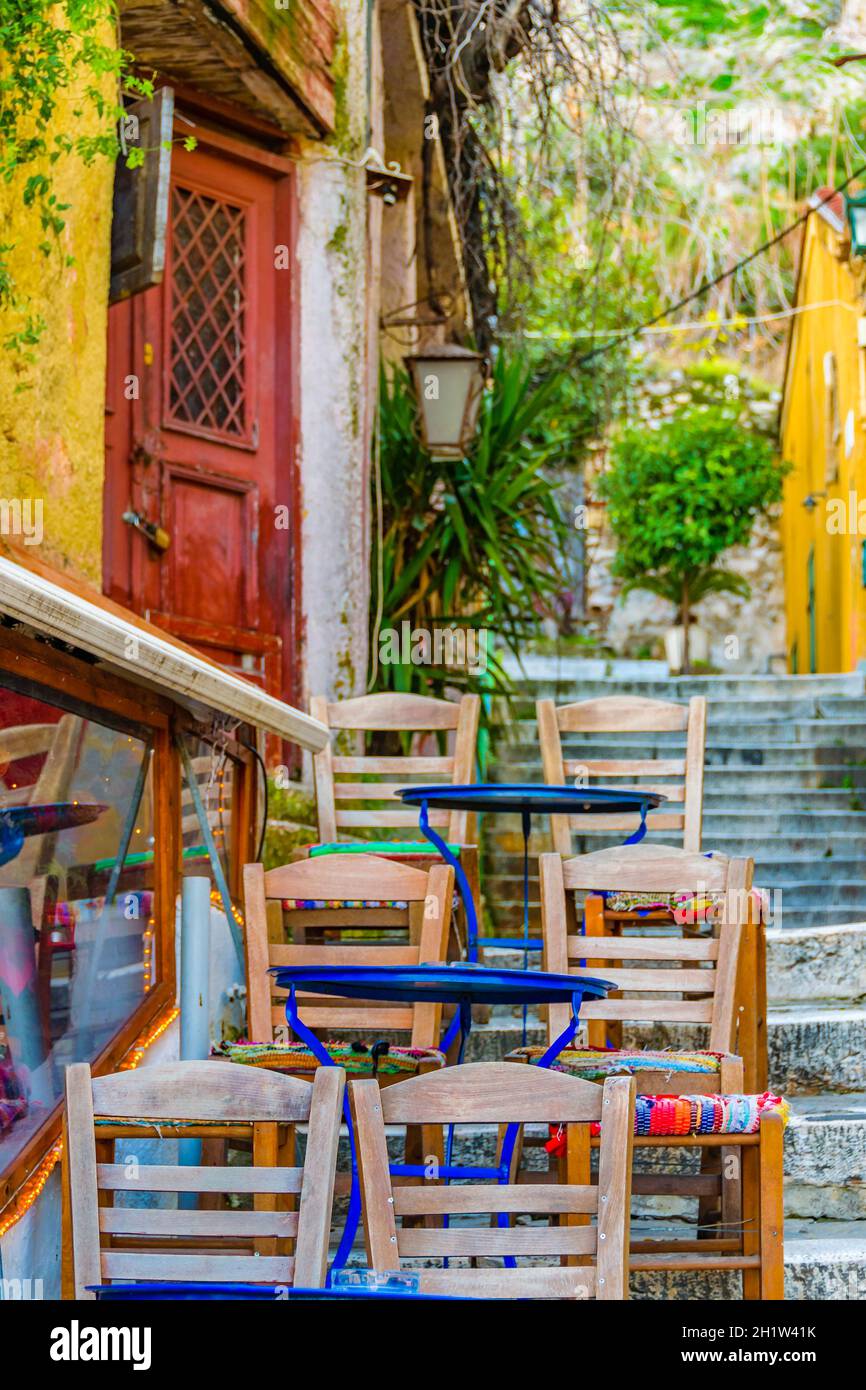 Colored rustic style empty bar at typical touristic restaurants zone in ...