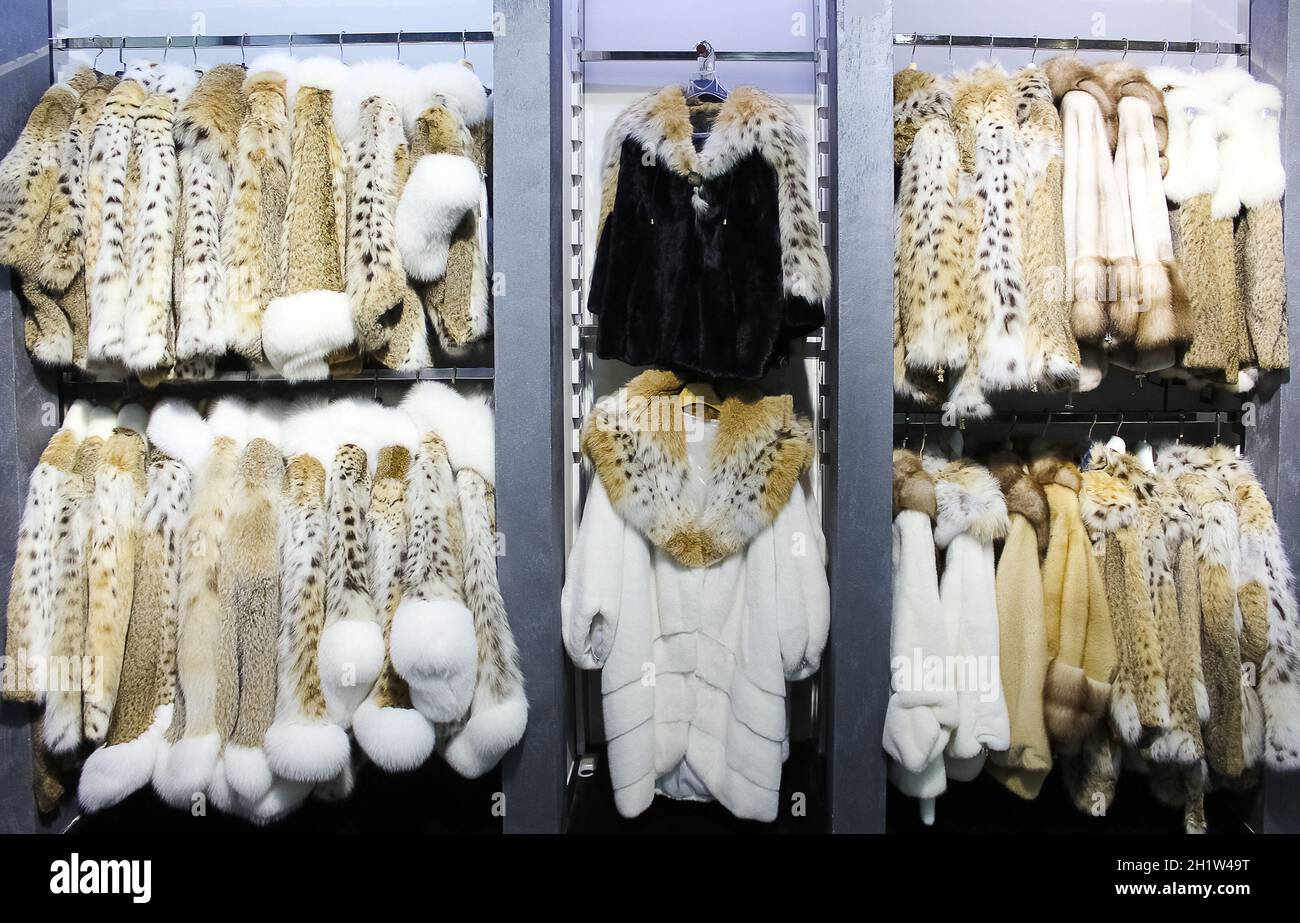 The womans many color winter fur clothes in fashion shop at Turkey ...