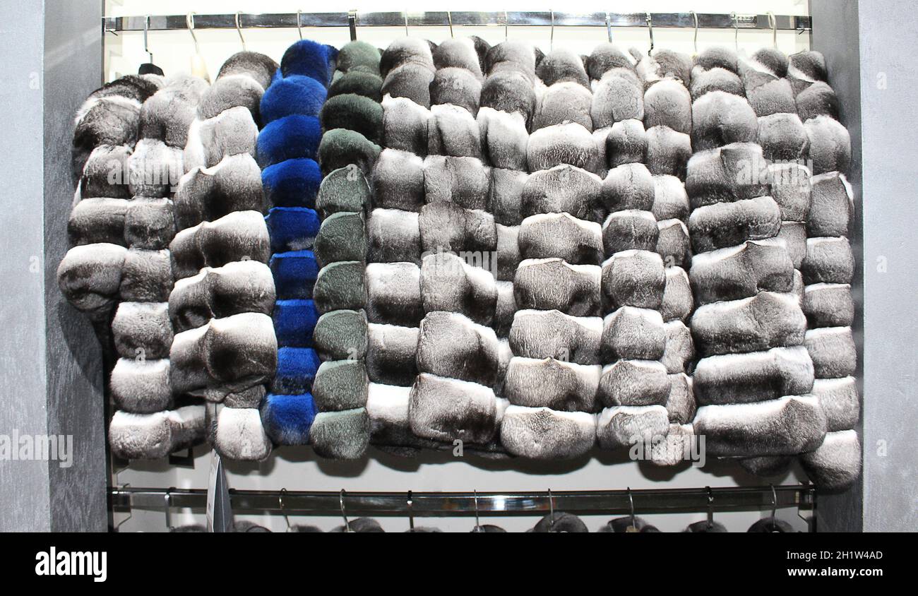 The womans many color winter fur clothes in fashion shop at Turkey ...