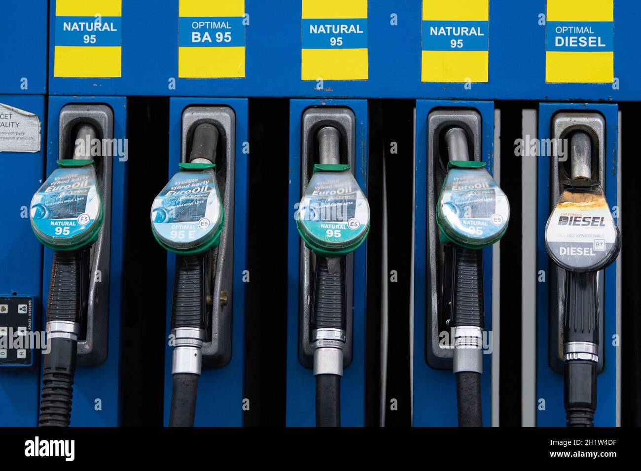 Hrensko, Czech Republic. 19th Oct, 2021. Faucets hang from a fuel pump ...