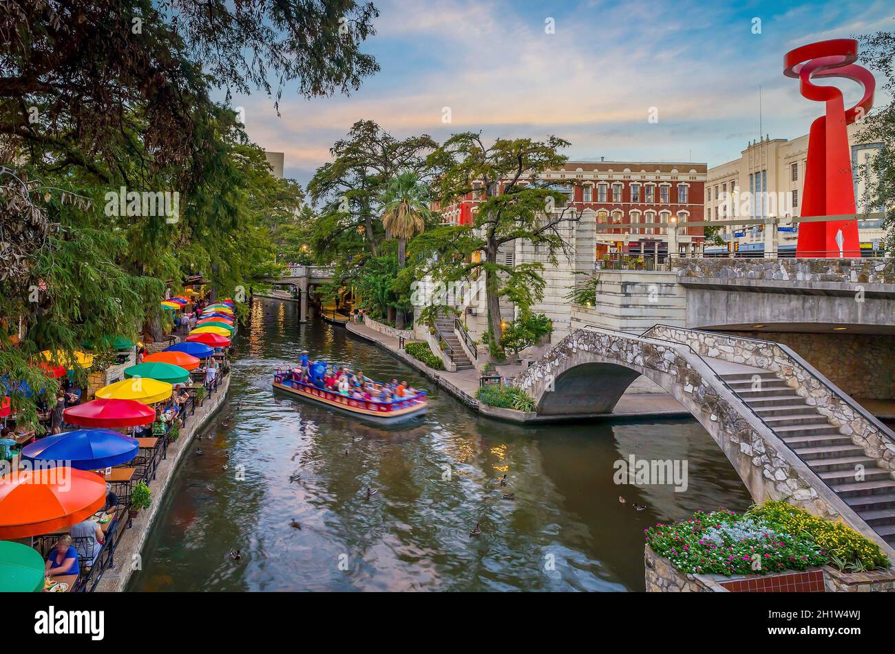 River walk in San Antonio city downtown skyline cityscape of Texas USA ...